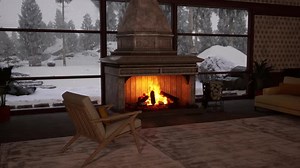 Cozy Fireplace with Falling Snow in Winter Cabin Window
