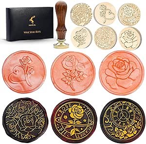 Wax Seal Stamp Kits, 6 pcs Wax Stamp Brass Head & 1 Wooden Handle, 6 Rose Designs