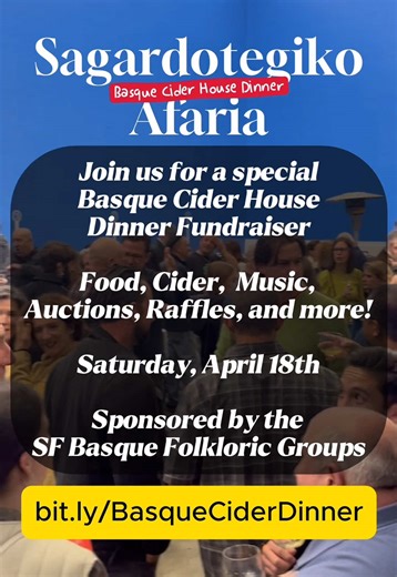 It’s time to get our TXOTX on! The San Francisco Zazpiak Bat Dance Group is hosting a one‑night Basque Cider House Dinner Fundraiser on April 18, and this is your chance to experience a sagardotegi‑style feast right here in SSF, all while supporting their cultural exchange trip to the Basque Country this summer. Early‑bird tickets are LIVE and include a full 5-course dinner, a commemorative glass, and Basque cider poured straight from the barrel until we run them dry! Only 200 seats are availabl