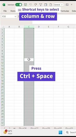 ✅Shortcut keys (to select column & row) #excel #exceltutorial #exceltips #exceltricks #shorts