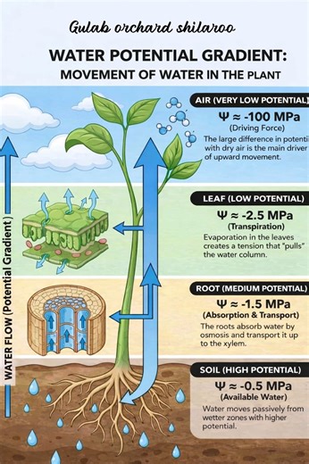🌱 Water Potential Gradient: Movement of Water in Plants Water movement in plants is not random—it follows a water potential gradient (Ψ). Water always moves from higher water potential to lower water potential, creating a continuous upward flow from soil to atmosphere. 🌍 Soil – High Water Potential Ψ ≈ –0.5 MPa (Available Water) Soil has the highest water potential. Water moves passively from soil into roots due to the difference in water potential. 🌱 Root – Medium Water Potential Ψ ≈ –1.5 MP