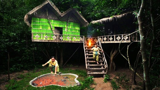 Survival & Building a Treehouse, Kitchen, Fish Pond in the Rainforest | Girl Survival