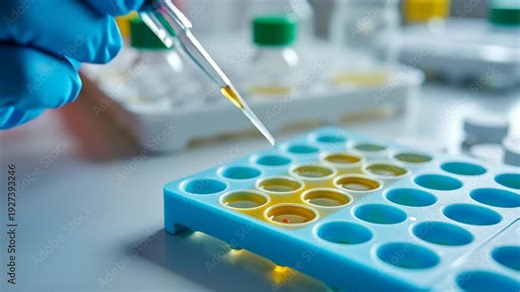 Liquid sample pipetted with laboratory pipette into blue test tube rack containing liquid for research and analysis