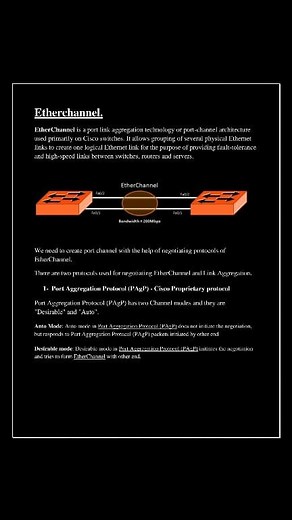 Boost Your Network Performance with EtherChannel! In enterprise networks, EtherChannel plays a key role in improving bandwidth, redundancy, and load balancing — all while keeping network management simple and efficient. What is EtherChannel? EtherChannel is a Cisco technology that bundles multiple physical links into a single logical link, ensuring higher performance and fault tolerance between network devices. #Networking #Cisco #EtherChannel #CCNP #NetworkEngineer #LACP #PAgP #TechEducation #L