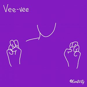 This “vee-vee” is a unique expression with many meanings in ASL, plus it must come with facial expression. It can mean “very interesting,” “nice to know,” and more, it can be a good or negative response depend on situation. ID: A purple background with white text on the top left: “Vee-vee.” A white outline ASL, “Vee-vee.” A white 58 Creativity logo is on the bottom right corner. | 58 Creativity