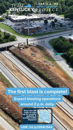 The first blast as part of the I-264/U.S. 42 widening and improvement project in Louisville is complete! Expect blasting operations around 2 p.m. daily. More details, including project timelines and traffic impacts, will be shared online as work progresses: bit.ly/I264US42 Drivers 🚗are encouraged to sign up for email or text alerts regarding traffic impacts pertaining to the project: https://public.govdelivery.com/accounts/KYTC/signup/13673 | Kentucky Transportation Cabinet District 5
