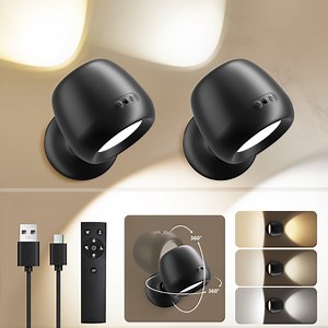 Wall Sconces Set of Two, Rechargeable 3600mAh Battery Operated Wall Lights with Remote, 3 Color Temps & Dimming, 360° Adjustable Wireless Wall Sconce for Bedroom, Living Room, Picture Lights for Wall