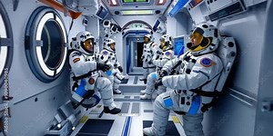 Interior view of a space station with astronauts floating, 4K Video