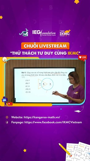 🎁 CƠ HỘI NHẬN QUÀ KHI ĐĂNG KÝ IKMC 2026 VÀO THỨ 5 HÀNG TUẦN TẠI CHUỖI LIVESTREAM “THỬ THÁCH TƯ DUY CÙNG IKMC” Vừa học Toán thật vui, vừa có quà mang về? 👉 Tham gia ngay livestream “Thử thách tư duy cùng IKMC” để có cơ hội nhận quà khi đăng ký IKMC 2026 ngay trong mỗi số livestream. Thể lệ tham gia như sau: 👉 Bước 1: Phụ huynh và học sinh đăng ký và hoàn thành lệ phí thi IKMC 2026 tại website: https://kangaroo-math.vn/dang-ky-du-thi-toan-ikmc ngay trong khung giờ livestream vào tối thứ 5 (20h0