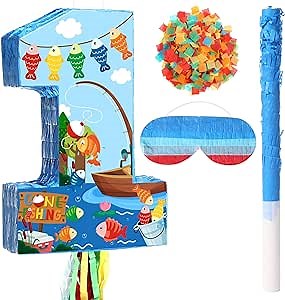Aoriher Gone Fishing Piñata Ofishally One Birthday Game Set Summer Fishman Piñata Little Fisherman 1st Decoration with Bat Stick for Girl Boy Birthday Gone Fishing Theme Party Supplies Game Decoration
