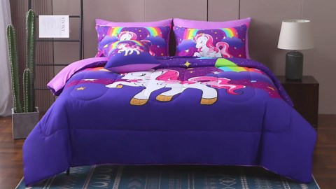 JQinHome Unicorn Twin Bedding Sets for Girls Kids,6 Piece Bed in A Bag 3D Purple Rainbow Theme Unicorn Comforter Set with Sheet Set(Rainbow)