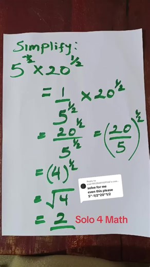 Replying to @user98128481029162 Simplify 5^(-1/2)x 20^(1/2) #mathtrick #gcsemaths #mathematics #algebra #indices