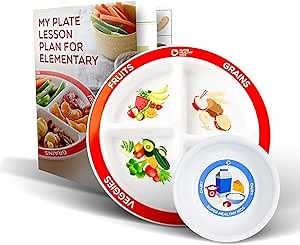 Health Beet Portion Plate Choose MyPlate for Kids - Kids Plates with Dividers and Nutrition Portions Plus Dairy Bowl - Includes Elementary Healthy Eating Lesson Plan for Teachers (Set of 4)