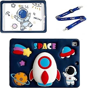 Kids Case for iPad Air 11 Inch M2 2024 Cover,iPad 10th Generation & iPad Air 6th (2024)/5th/4th Gen 10.9'' Case with Cute Rocket Stand Shoulder Strap Silicone Case for iPad Air 11-Blue