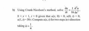 b) Using Crank-Nicolson's method, solve ∂t∂u​=161​∂x2∂2u​, 00 g... | Filo