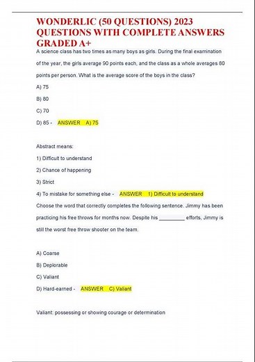 WONDERLIC 50 QUESTIONS 2023 QUESTIONS WITH COMPLETE ANSWERS GRADED A+