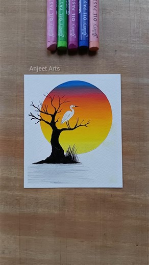 Easy Sunset Tree Scenery Drawing | Oil Pastel for Beginners #shorts
