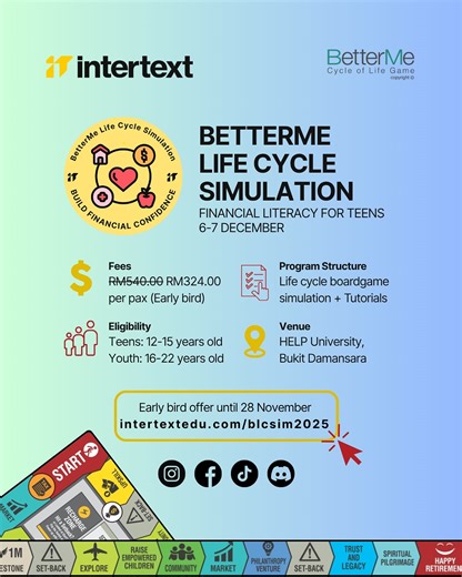 Intertext Education on Instagram: "Most of us learned about money the hard way — through mistakes, stress, and trial and error. But what if your teen could get a head start? ​ At the BetterMe Financial Literacy Workshop, teens fast-forward through 35 years of life in just 2 days with our boardgame simulation. Along the way, they’ll discover: ✔ How to budget and track spending ✔ Why debt traps are so dangerous ✔ How to balance money with happiness ✔ How to set goals for financial freedom It’s the
