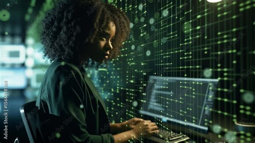 Female coder in digital realm: A focused african woman, immersed in lines of computer code, embodying the fusion of human ingenuity and digital technology.