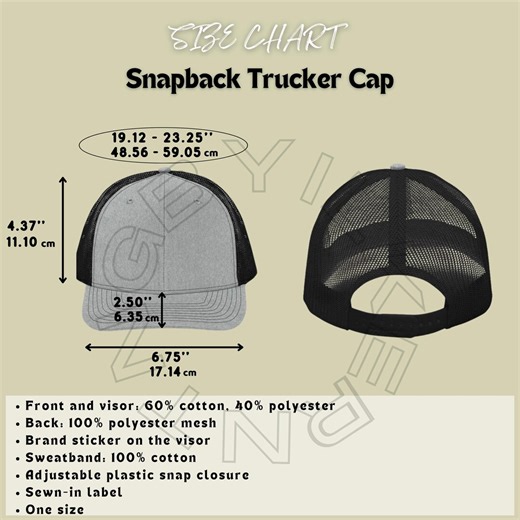 Snapback Trucker Cap Size Chart | Richardson 112 Size Chart | Snapback Trucker Cap Mockup and Size Chart | Cap Sizing | Trucker Cap Sizing - Etsy