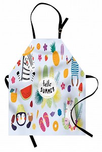 Hello Summer Apron, Flip Flops Sea Shells Sunny Days Monkey in a Bathing Suit Vivid, Unisex Kitchen Bib with Adjustable Neck for Cooking Gardening, Adult Size, Pale Blue Multicolor, by Ambesonne