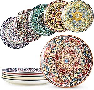 Dinner Plates set of 6, 10.5 Inch Large Dessert Salad Plates for Pasta, Steak, Snacks, Colorful Porcelain Serving Dishes for Kitchen & Party, Morden Dinnerware - Bohemian Style
