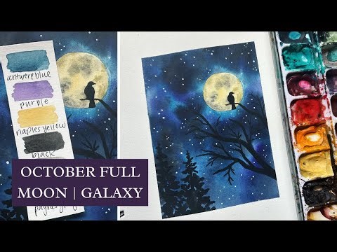 WATERCOLOR Spooky Full Moon TUTORIAL | BEGINNER GALAXY with Pine Trees & Bird | October Painting