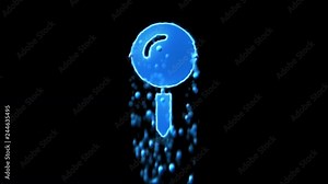 Liquid symbol map pin appears with water droplets. Then dissolves with drops of water. Alpha channel black