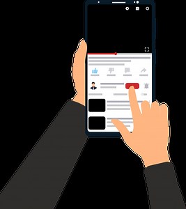 Download Typing comments with a mobile keyboard for online channels. Hand holding mobile phone and watching online video. for free