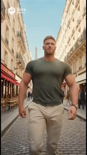 white man with a strong, muscular body walking through the streets of France #gym #massive #muscle