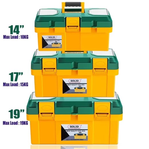 Solid High Quality Tool Box with Tray - 15, 17, 19 Inch - 2 component box. Pakistan Power Tools Lahore 03004331882 Product Details: Sizes:** 15, 17, 19 inches Configuration:** 2-component box Available Colors:** Yellow and Green Dimensions and Max Load Capacity:** 19 inch:** 16 x 7.75 x 5.5 inches | Max Load: 19 KG 17 inch:** 14.75 x 6.75 x 5 inches | Max Load: 15 KG 15/14 inch:** 13 x 5.75 x 4.5 inches | Max Load: 10 KG **Features:** - Constructed from high-strength, durable plastic - Equipped 
