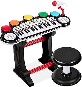 Best Choice Products 37-Key Kids Electronic Musical Instrument Piano Learning Toy Keyboard w/ Multiple Sounds, Lights, Microphone, Stool - Black