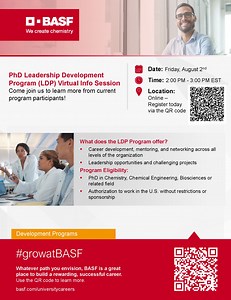 BASF’s PhD LDP applications are now open for the class of 2025! For more information before applying, join our virtual information session on August 2nd. Register via the QR code or link here:… | Marlow Durbin