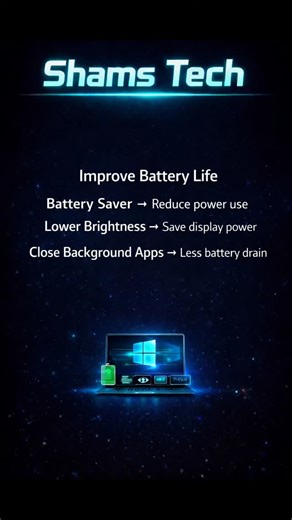 Shams Tech 🇮🇳 on Instagram: "Laptop battery drains too fast? 😩 Use these simple Windows power-saving tricks to improve battery life without any software. 🔋 Save power 💻 Works on Windows 10 & 11 ⚡ Perfect for students & professionals 👉 Follow Shams Tech for daily tech tips & hacks #ShamsTech #BatteryLife #laptoptips #shorts"