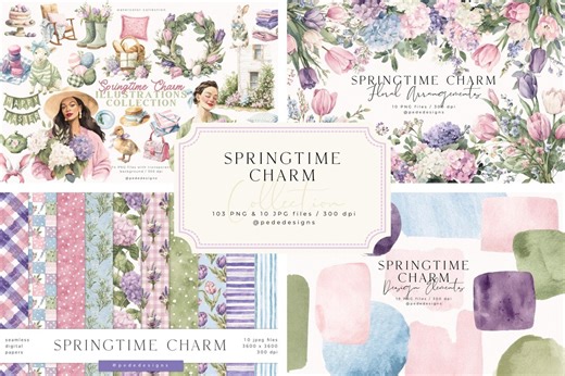 Springtime Charm Collection Bundle | Watercolor Spring & Easter Illustrations | Floral Arrangements | Seamless Digital Papers - Etsy