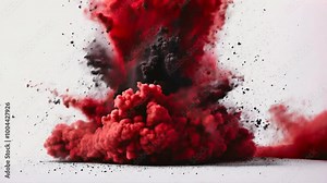 A dramatic explosion of red and black smoke, creating a striking visual impact.