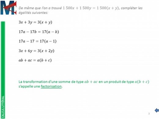 4ème - CALCUL LITTERAL - Factorisation