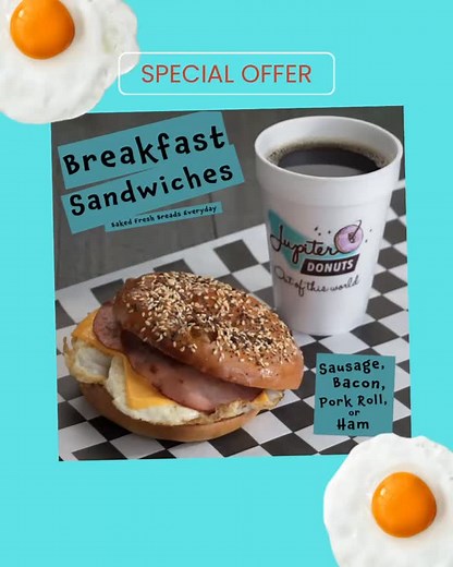 ✨Join the #BreakfastClub this Friday! Start your morning right with our fresh-made breakfast sandwiches and a hot cup of coffee. ☕️ Sausage, bacon, pork roll, or ham — baked fresh daily! 🥯 📍Boynton Beach #jupiterdonuts #coffeeanddonuts #boyntonbeacheats #boyntonbeachbakery | Jupiter Donuts Boynton Beach