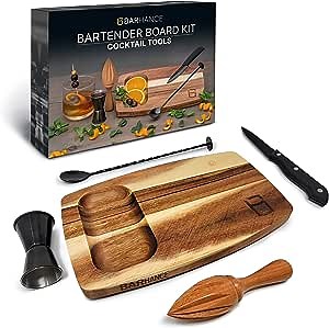 Mixing Bar Set Cocktail Kit by BARHANCE - Bar Tools Cocktail Set with Bar Jigger, Cutting Board, Citrus Reamer, Mixing Spoon, Knife - Bartender Kit Professional Cocktail Set