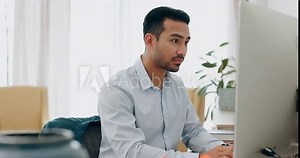 Computer, typing and accountant man working on research for a company online website as remote work for a startup. Development, internet and employee planning finance or budget project in a home