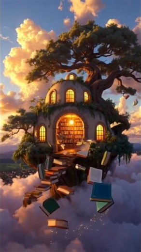 Twilight Pages in the Heavens #FloatingLibrary #CozyFantasy #GoldenHour #BooksInTheClouds #Magical