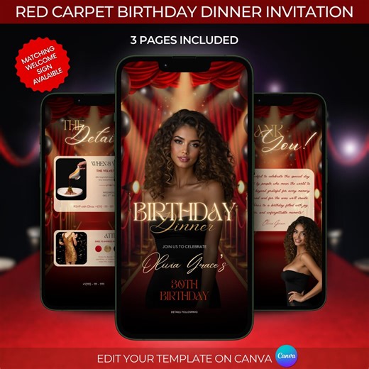 VIP Red Carpet Themed Birthday Party Invitation, Hollywood Birthday Dinner Evite, Luxury Black & Red Animated Ecard, Editable Canva Template - Etsy