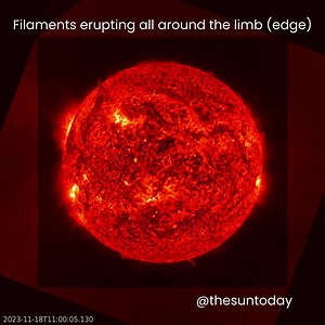 🌞 Sun activity for November 19, 2023, is moderate. Fun filaments and CMEs galore 🤩 👏 Today’s top news: It’s a day of flying filaments. Looking along the limb (edge) of the sun, we see numerous eruptions, small and large, front- and back-sided. It makes for quite a show. 😎 With the SOHO C2 and C3 coronagraphs, we can follow the eruptions further into space. These red, fire-like structures change into coronal mass ejections (CMEs), which are wispy clouds of solar particles and magnetic fields.