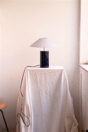 Handmade Ceramic Table Lamp, a Lighting and Decorative Object. Bright Blue Base and Light Gray Ribbon Shade. - Etsy