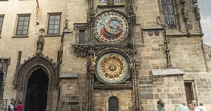 Prague Astronomical Clock or Prague Orloj timelapse with moving camera upside down