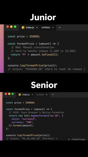 Stop Formatting Money with Strings! 🛑 (Use Intl API) Day 23 #shorts #frontend #javascript #reactjs