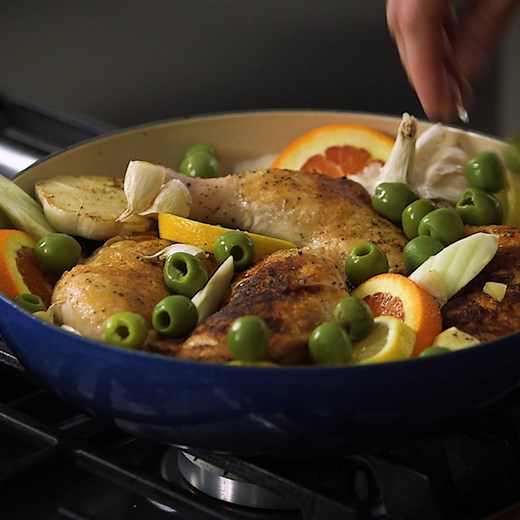 Crispy-skinned chicken gets braised with fennel, citrus, olives, and calabrian chiles in this flavor-packed Mad Genius recipe. Make sure you have a baguette to sop everything up! GET THE RECIPE: https://bit.ly/3kkb8rh | Food & Wine
