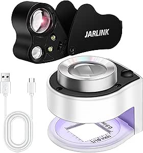JARLINK 2 Pack 30X 60X Jewelers Loupe, Foldable Jewelry Magnifier with Bright LED Light, Rechargeable Loupe Magnifier with 3 LED and 3 UV Light for Gems, Jewelry, Coins, Stamps (White & Black)