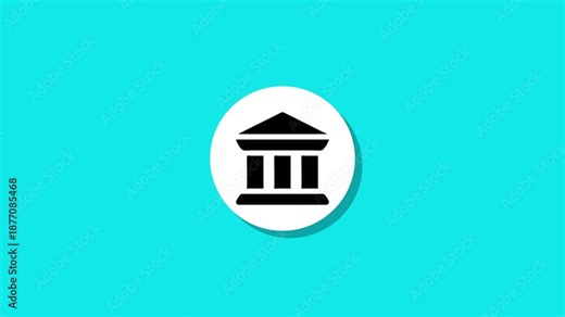 Animated white circle revealing a bank building icon on a bright blue screen motion graphic
