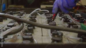 Battery voltage testing. Man wearing blue gloves measuring the battery voltage for maintenance. Industrial battery check up.